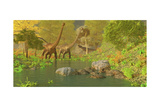 Diplodocus Dinosaurs Bathe in a Large Body of Water Photographic Print ...